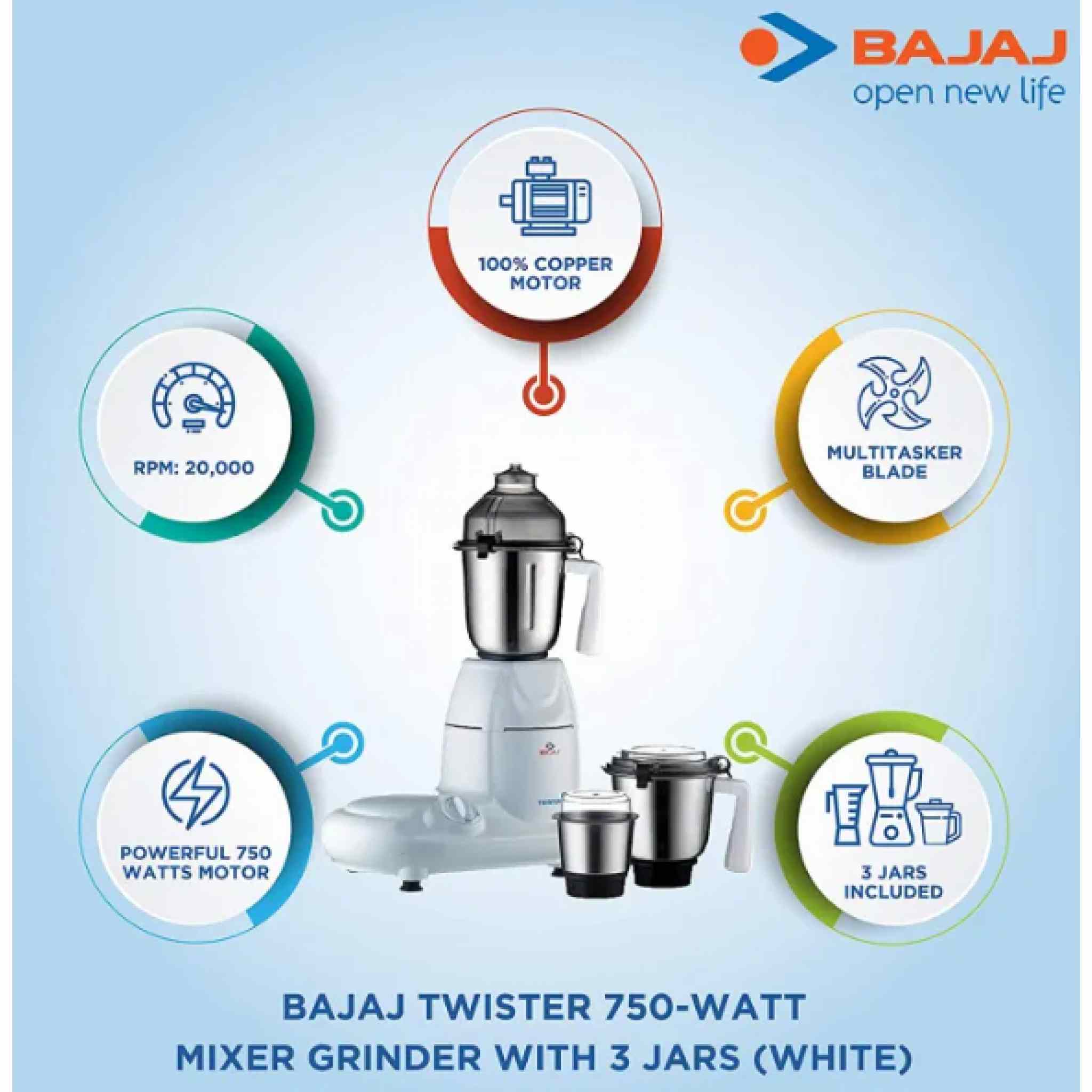 BAJAJ TWISTER MIXER GRINDER WITH 3 ATTACHMENTS, 750W, 1 YEAR WARRANTY ...